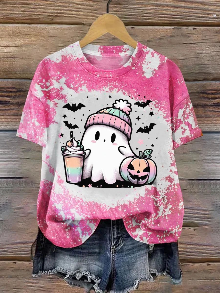 Women's Halloween Cute ghost Bleach Print Tee