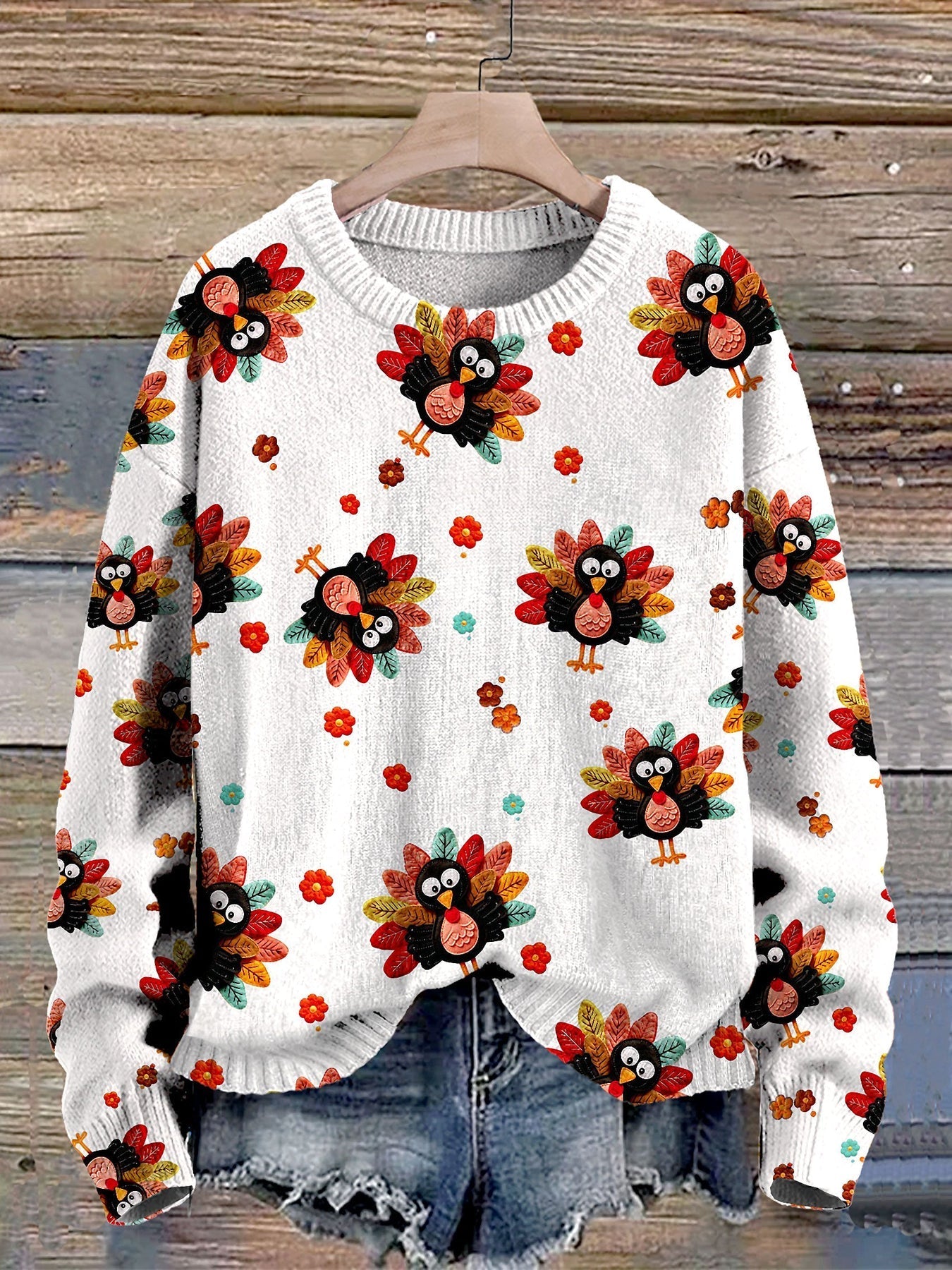 Thanksgiving Turkey 3D Print Knit Pullover Sweater